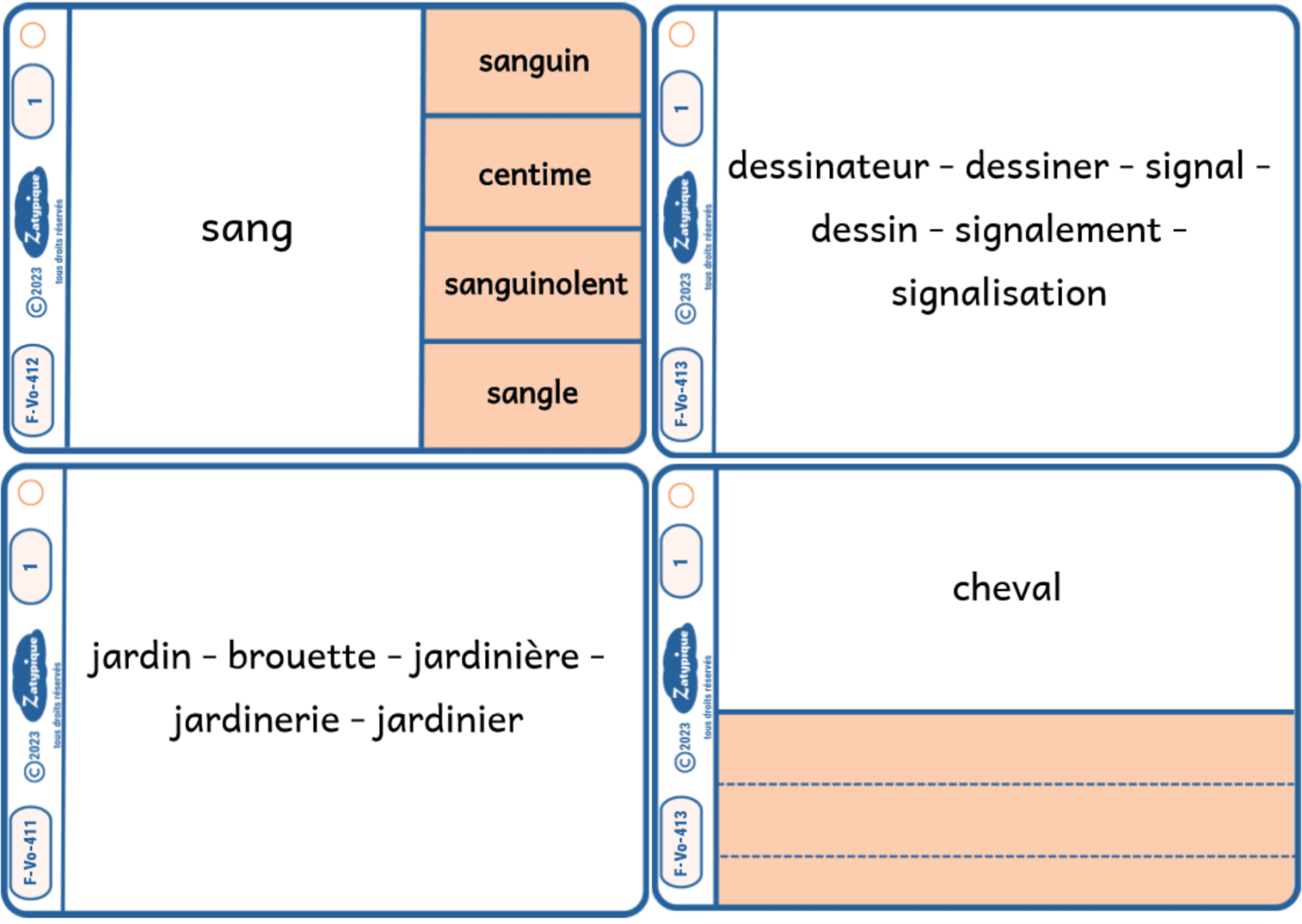 fiches vocabulaire familles de mots adaptées TND